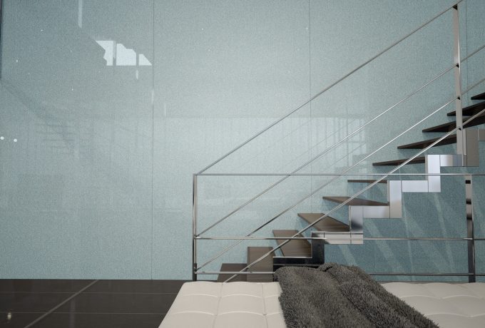 Back-Painted Glass in "Frosted Blue Metallic" | Bendheim