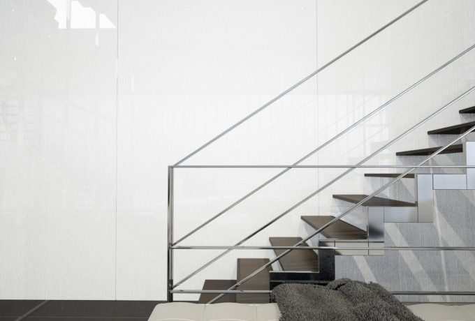 Satin Fibers Etched Back-Painted Glass in "Metallic White" | Bendheim